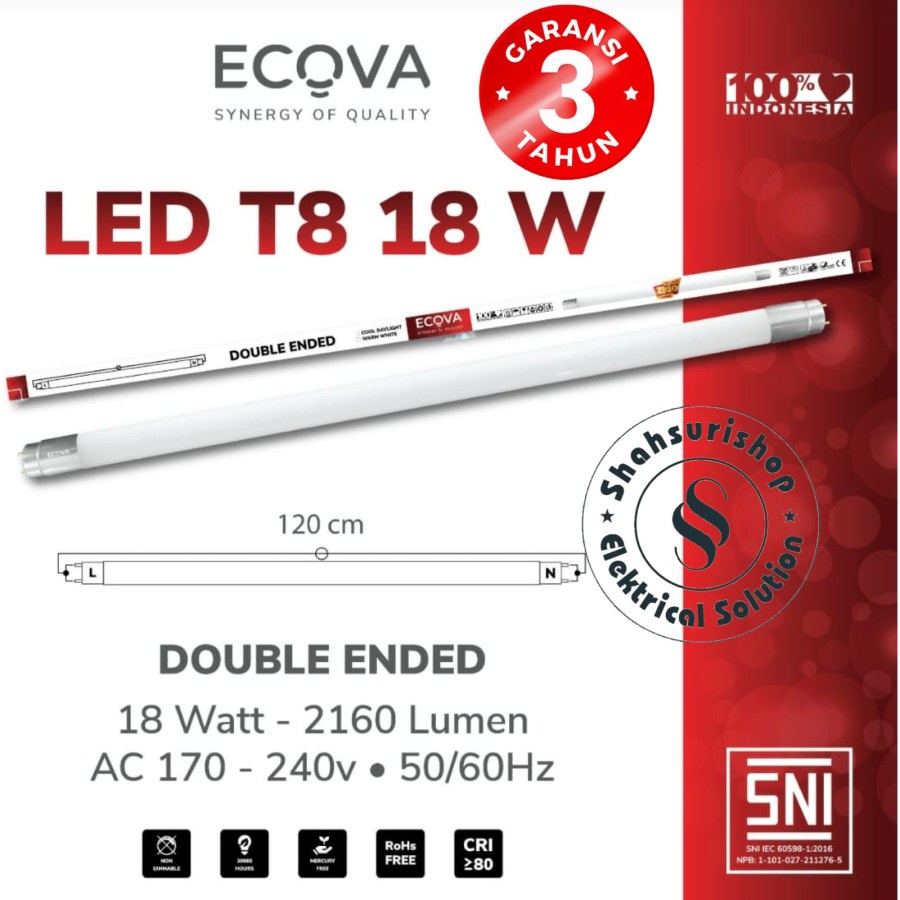 Jual ECOVA T8 LED LAMPU TL LED 18W 18 W WATT 120 CM BODY FITTING ...
