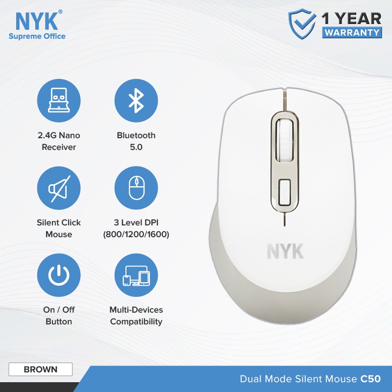 Jual NYK Mouse C50 Wireless Bluetooth Optical Silent Click BROWN ...