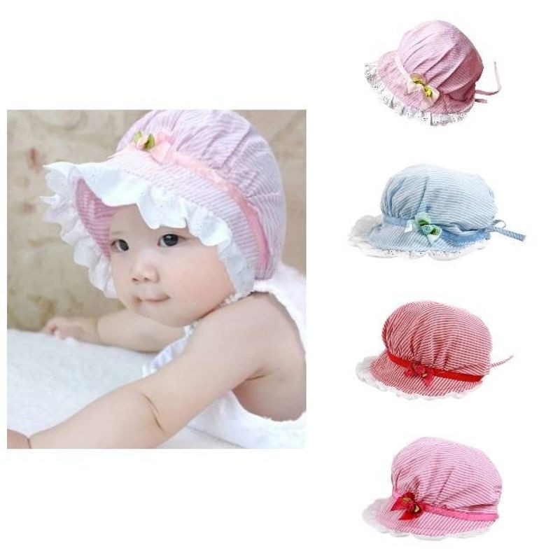 Jual Topi Bonnet Noni garis bunga bayi newborn perempuan baby girl nb ...
