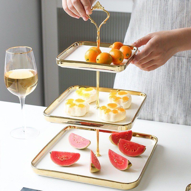 Jual Tier Cake Stand Tempat Kue Susun Tingkat 2 dan 3 Keramik Persegi Putih Hijau White Green ...