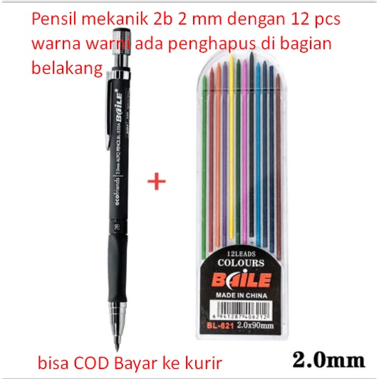 Jual Pensil mekanik 2b 2 mm dengan 12 pcs warna warni ada penghapus di ...