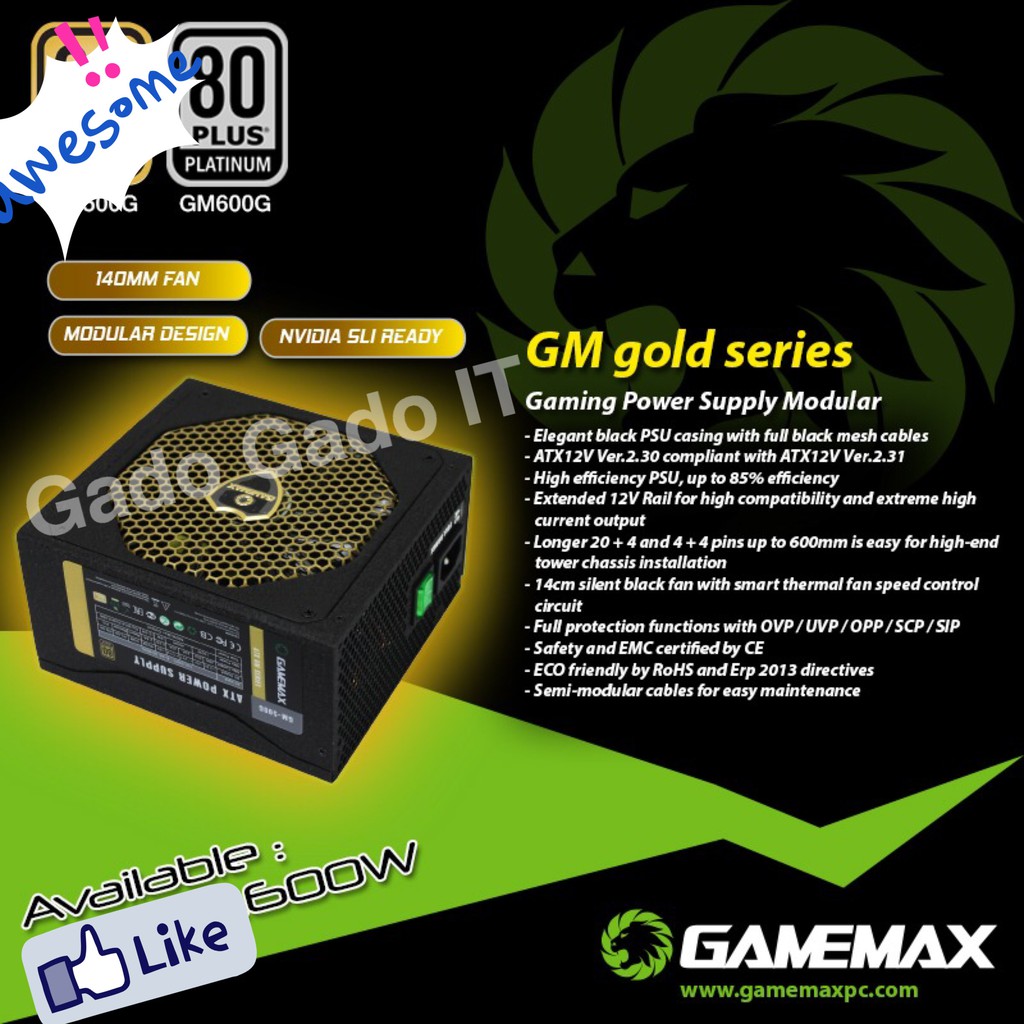 Jual Power Supply Unit PSU GAMEMAX 600Watt 80+ PLATINUM (GM-600G ...