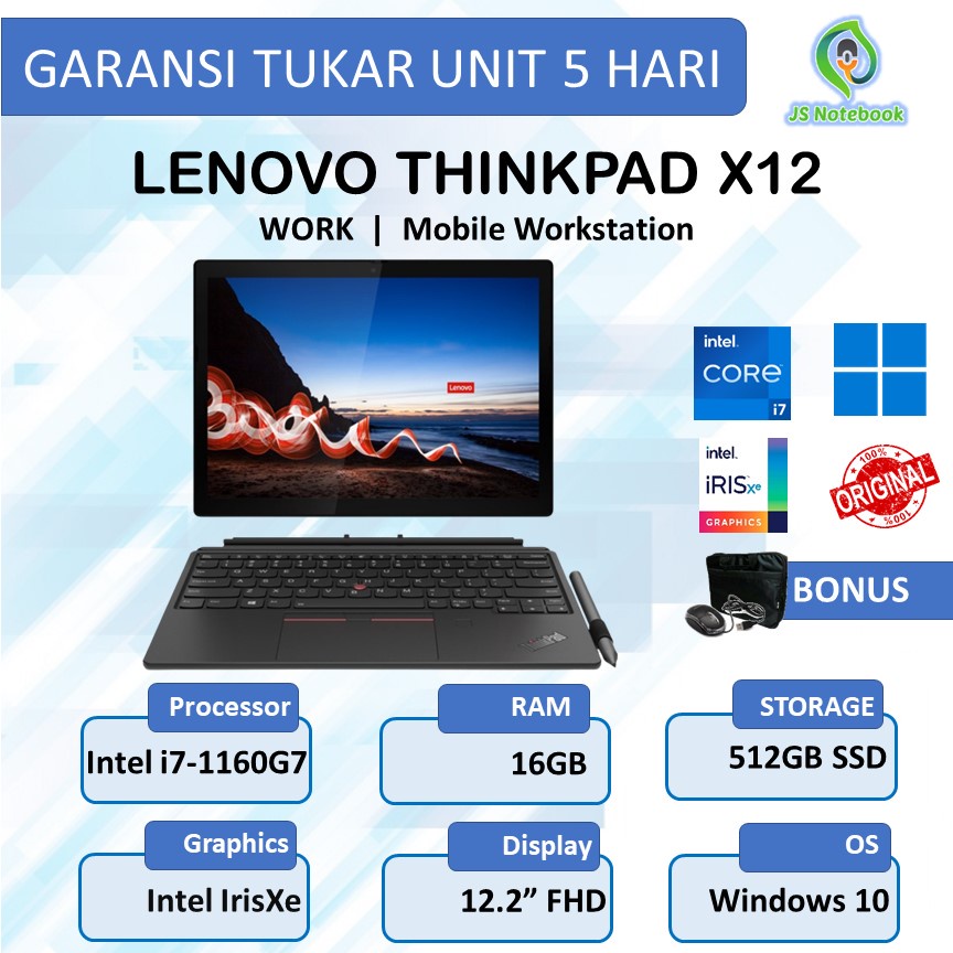 Jual LENOVO THINKPAD X12 TABLET 2IN1 TOUCH I7 1160G7 16GB 512SSD W10 12 ...