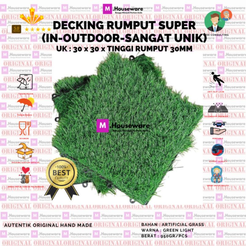 Jual Lantai rumput sintetis ukuran 30x30 cm tipe swiss 30mm Decking ...