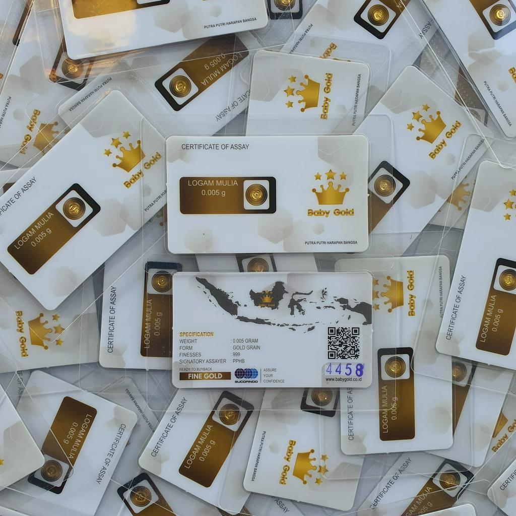 Jual Babygold Emas Mini Gold 0,001 0,002 0,005 gr 24 Karat Kemasan Laminating | Shopee Indonesia