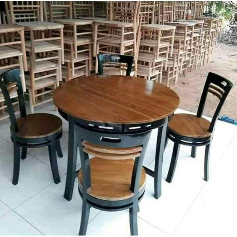 Jual DINING TABLE SET MEJA MAKAN BUNDAR 4 KURSI MODEL MINIMALIS BAHAN KAYU JATI ASLI WARNA ...