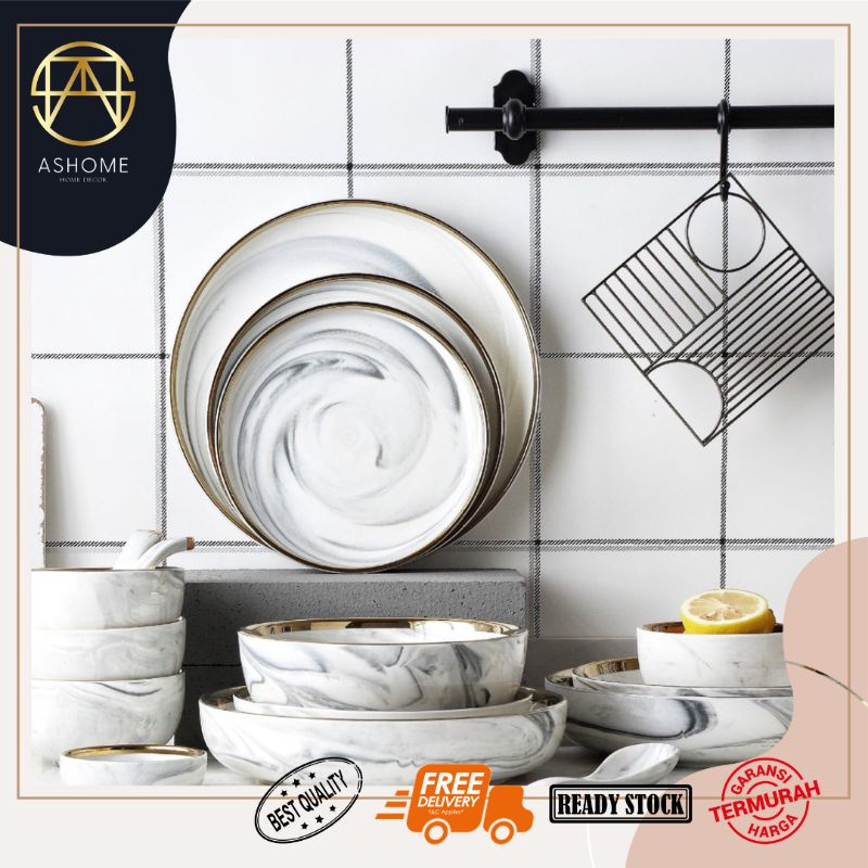 Jual ASHOME Piring Set 6 Orang Keramik List Gold Elegan Lengkap 26 Pcs ...