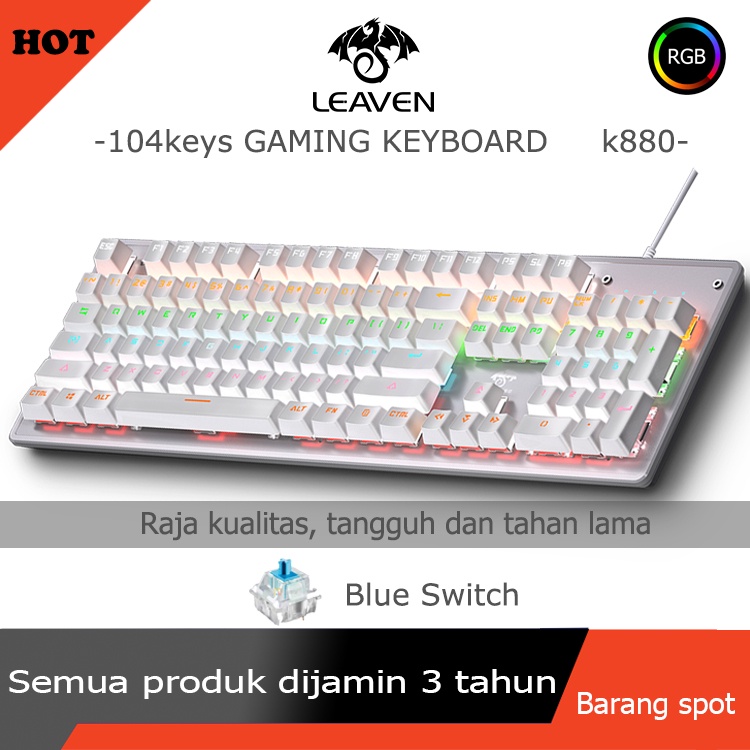 Jual LEAVEN K880 keyboard gaming mechanical pc RGB murah usb wired outemu blue switch mechanical ...