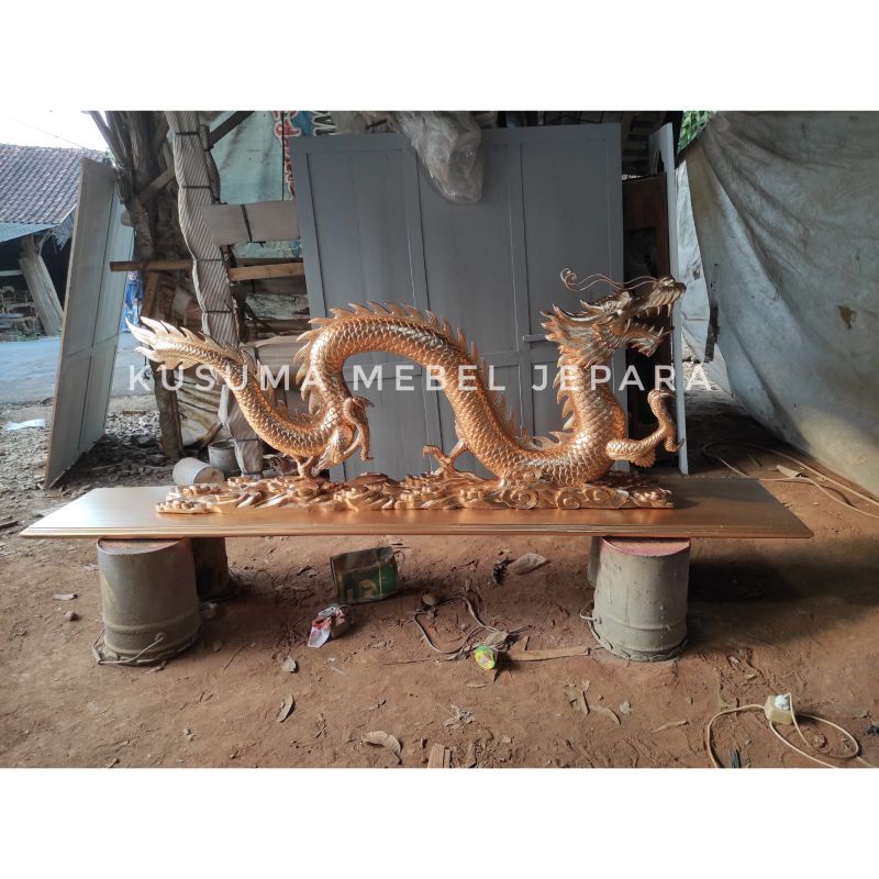 Jual Patung Dekorasi Ukir Relief Naga Emas Kayu Trembesi (Panjang 200cm ...