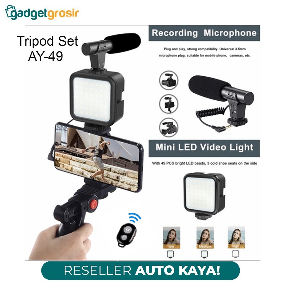 Jual Tripod Vlog Live Set Kit AY-49 6in1 Holder HP LED Lightning Shotgun Microphone Remote ...