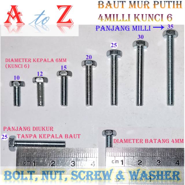 Jual BMP 4x20mm (100pcs) baut mur putih 4 x 20 mm | Shopee Indonesia