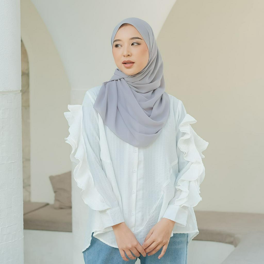 Jual Eclemix Top Kimoo | Atasan Wanita Kemeja Polos Lengan Ruffle Daily | Shopee Indonesia