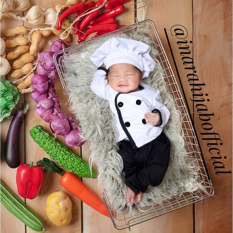Jual baju kostum koki chef newborn properti foto bayi | Shopee Indonesia