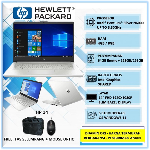 Jual PROMO LAPTOP HP 14 INTEL N6000 8GB 64GB + 256GB 14" FHD WIN11HOME ...