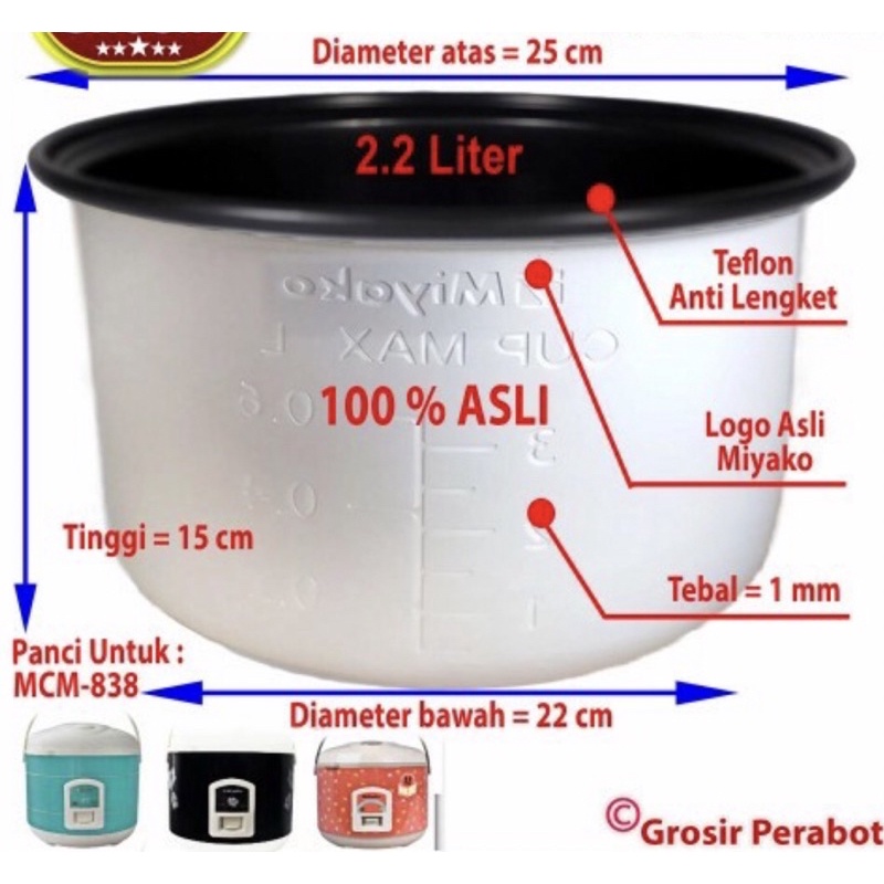 Jual Panci Rice Cooker Miyako MCM 838 2,2 Liter Tinggi 15 cm Diameter ...