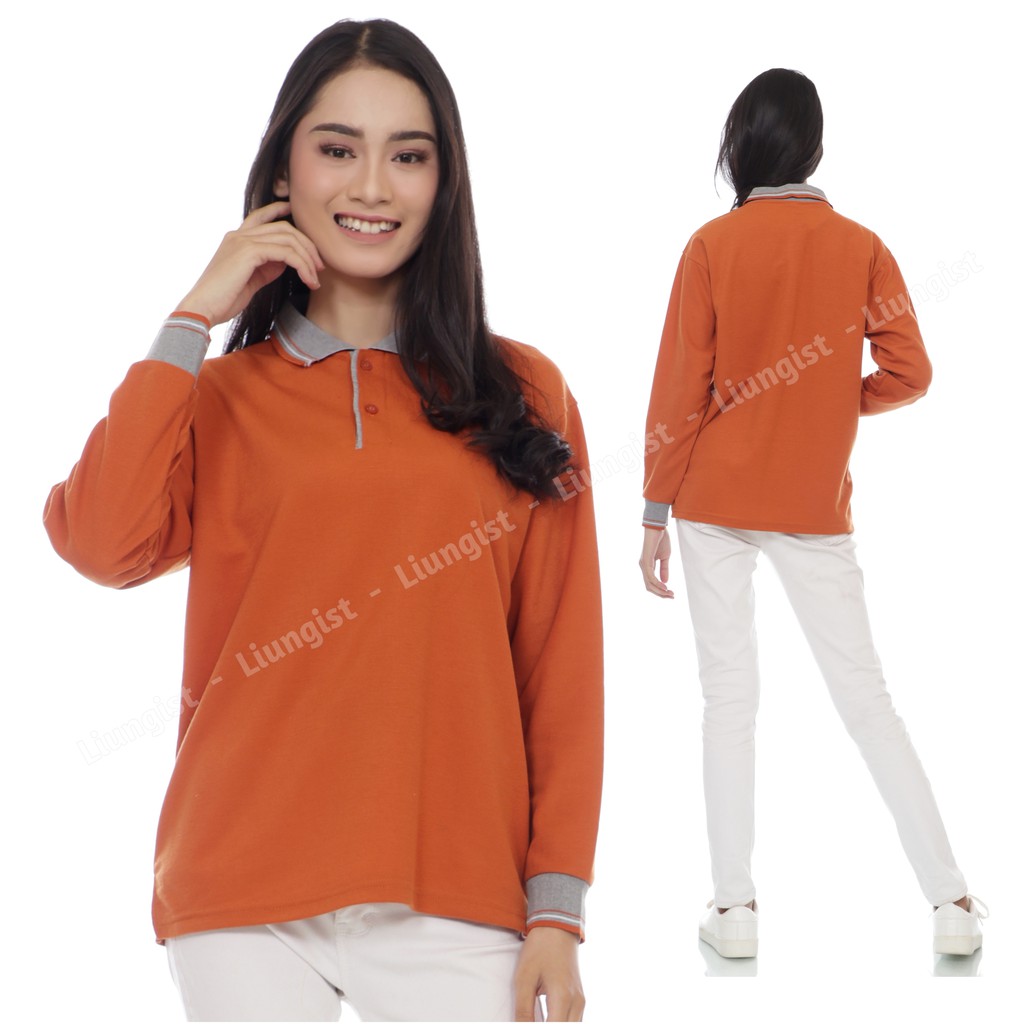 Jual Kaos Polo Panjang Unisex Merah Bata Kerah Abu / Kaos Kerah ...
