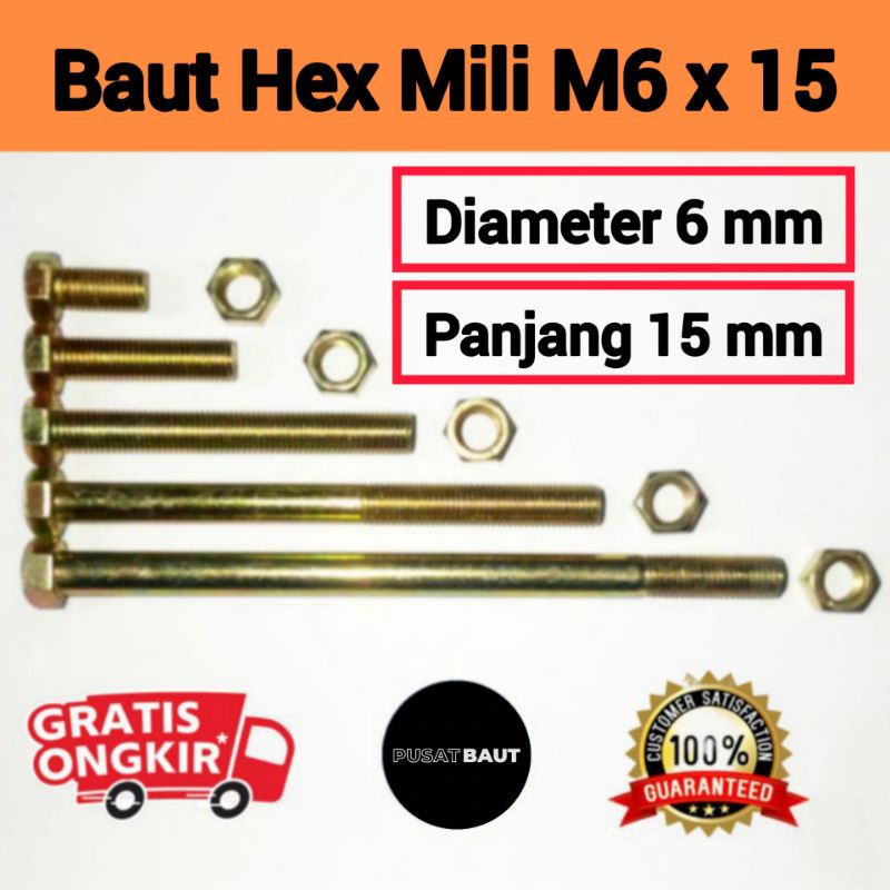 Jual (60 PCS) M6 x 15 Baut Kunci 10 Baut Mur M6x15 Kuning Hex Besi ...