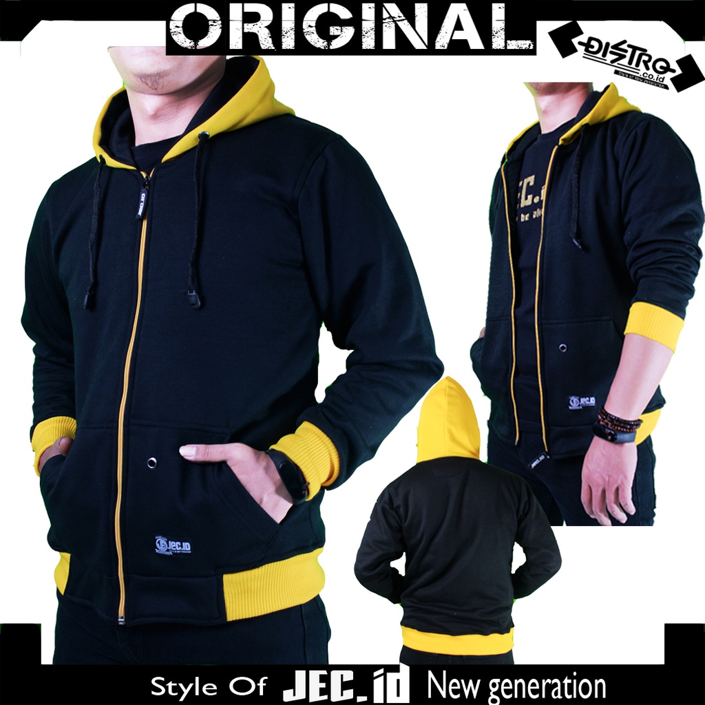 Jual Jaket Hoodie Polos Hitam Zipper Kuning Ori Jec Premium Sweater ...