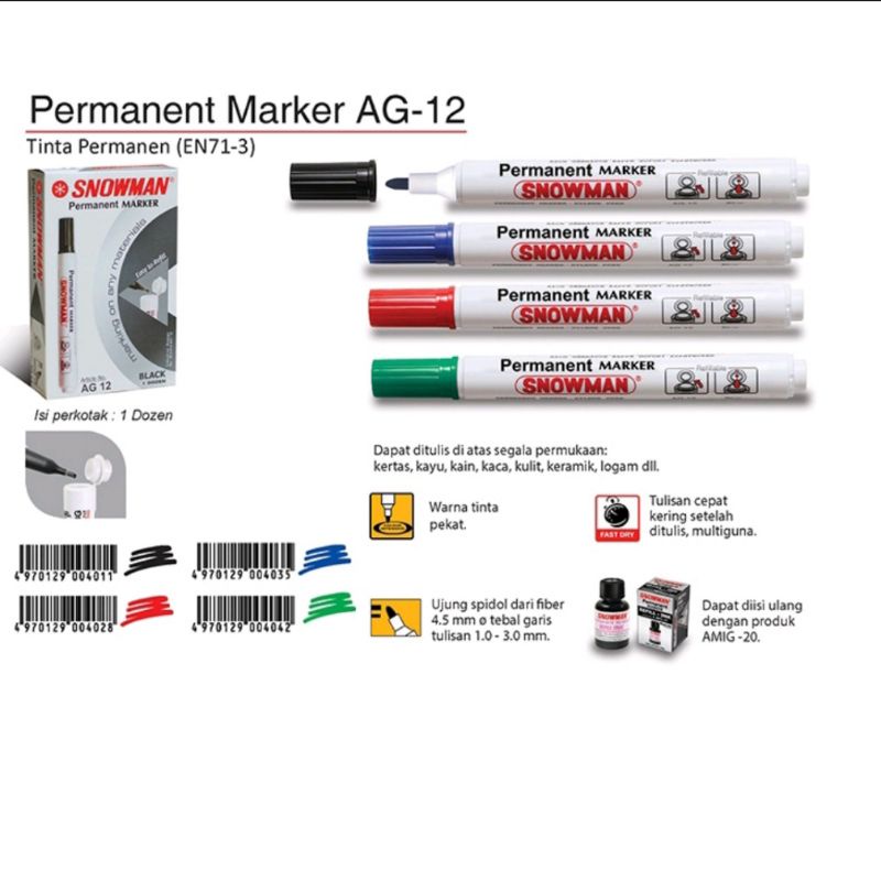 Jual Spidol permanen Snowman AG-12 ( 1pak/12pcs) | Shopee Indonesia