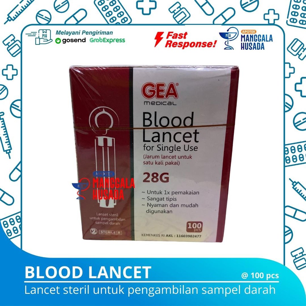 Jual BLOOD LANCET 28G GEA / JARUM LANCET SAMPEL DARAH PER BOX @ 100 PCS ...