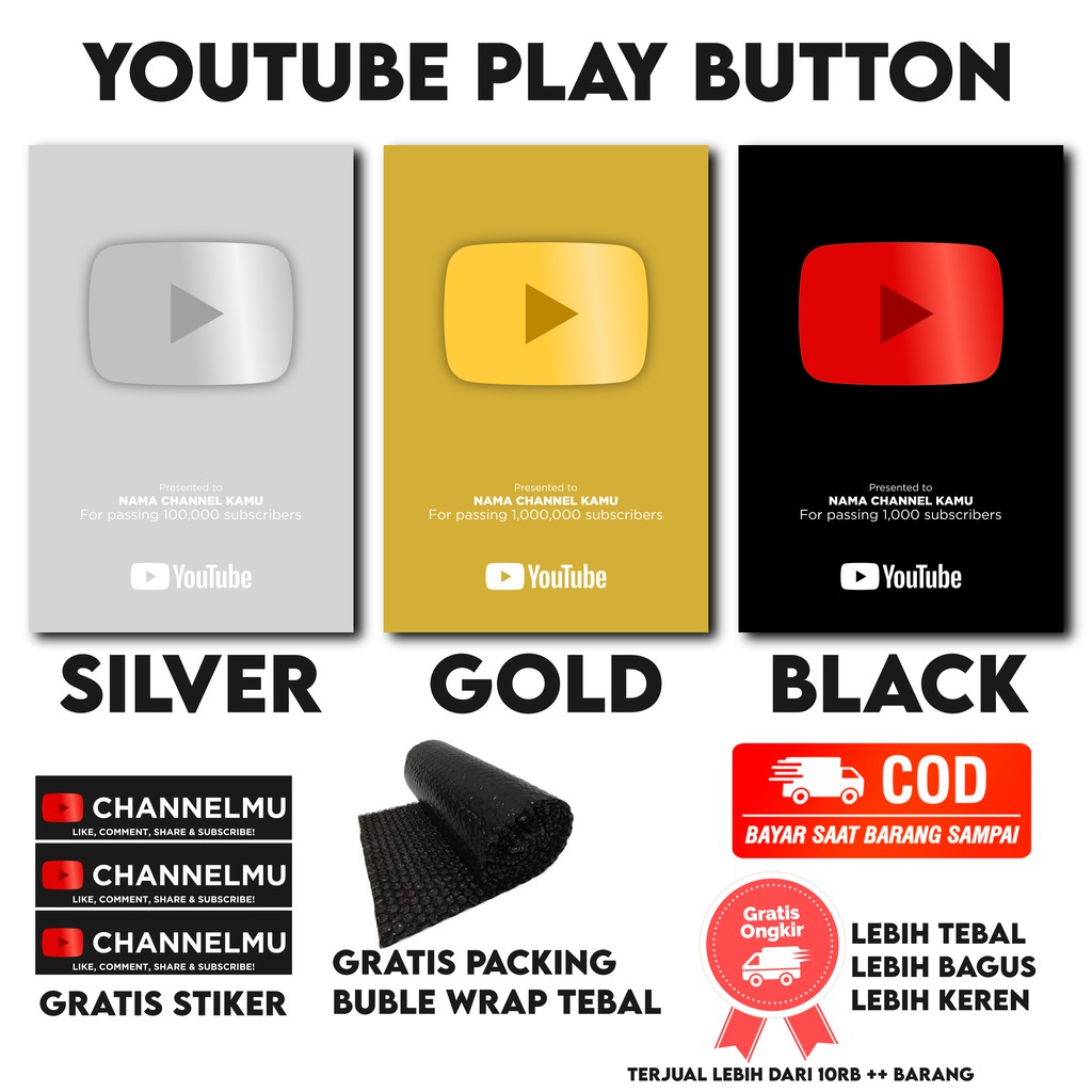 Jual YOUTUBE PLAY BUTTON GOLD SILVER BLACK FREE STIKER | Shopee Indonesia