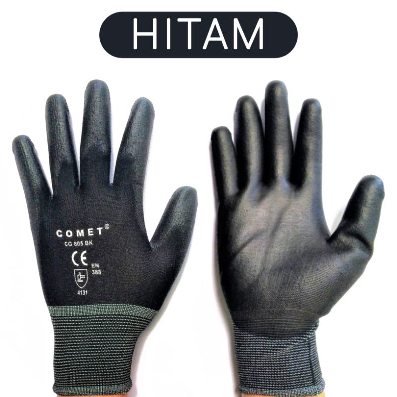 Jual Sarung Tangan Karet Palm Fit Glove Comet CG805 PU Mekanik Industri Hitam Nylon Polyurethane ...