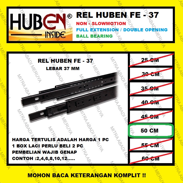 Jual Rel Laci HUBEN 50 cm Double Track / Full Extension / Ball Bearing ...