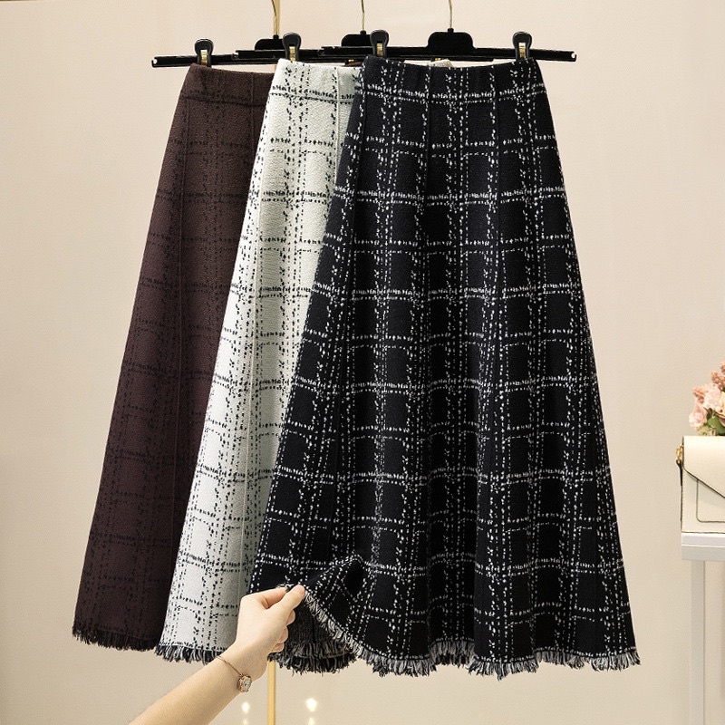 Jual [ Retro Series ] Unfinished Plaid Vintage Knit Midi 7/8 Skirt ...