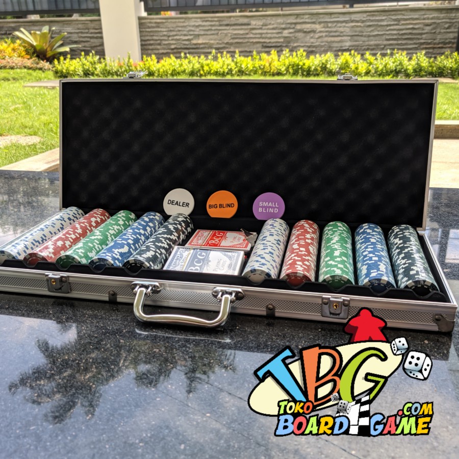 Jual Silver Case Playing Set Poker Chip Token with Cards & Dice - 500 ...