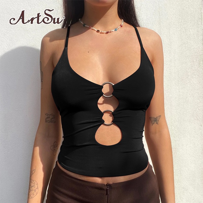 Jual Artsu 2021 Straps Solid Crop Top Tshirt Summer Sexy Hollow Out