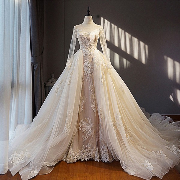 Jual Gaun pengantin organza bordir lengan panjang ekor floor lenght ...