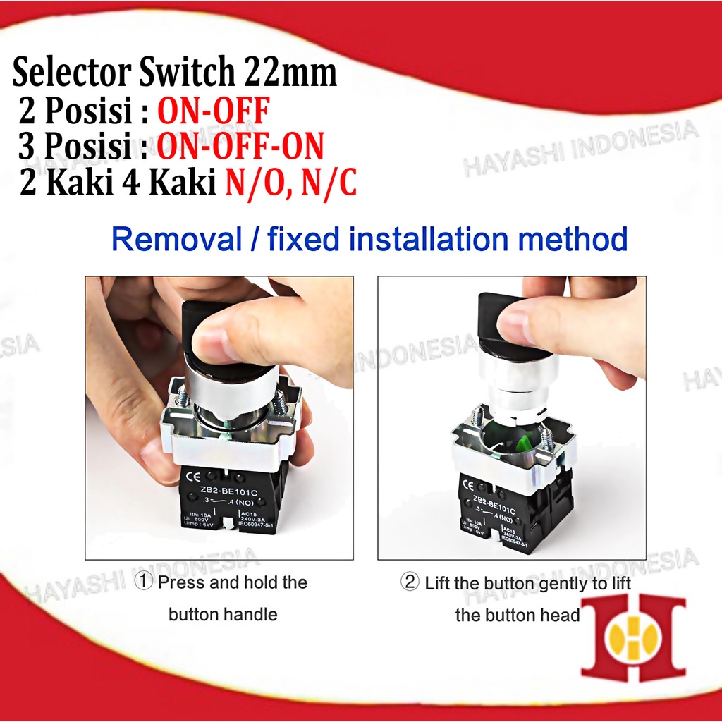 Jual Selector Switch 22mm 2 3 posisi 1 2 NO NC 2 4 Kaki On Off On ...