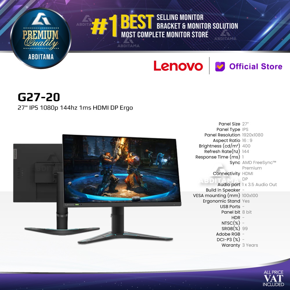 Jual Monitor LED Lenovo G27-20 G2720 27" IPS 1080p 144hz 1ms HDMI DP ...