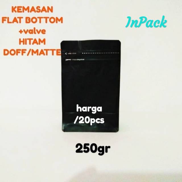Jual kemasan kopi flat bottom +valve 250gr hitam doff (isi 20pcs) merk kpack | Shopee Indonesia