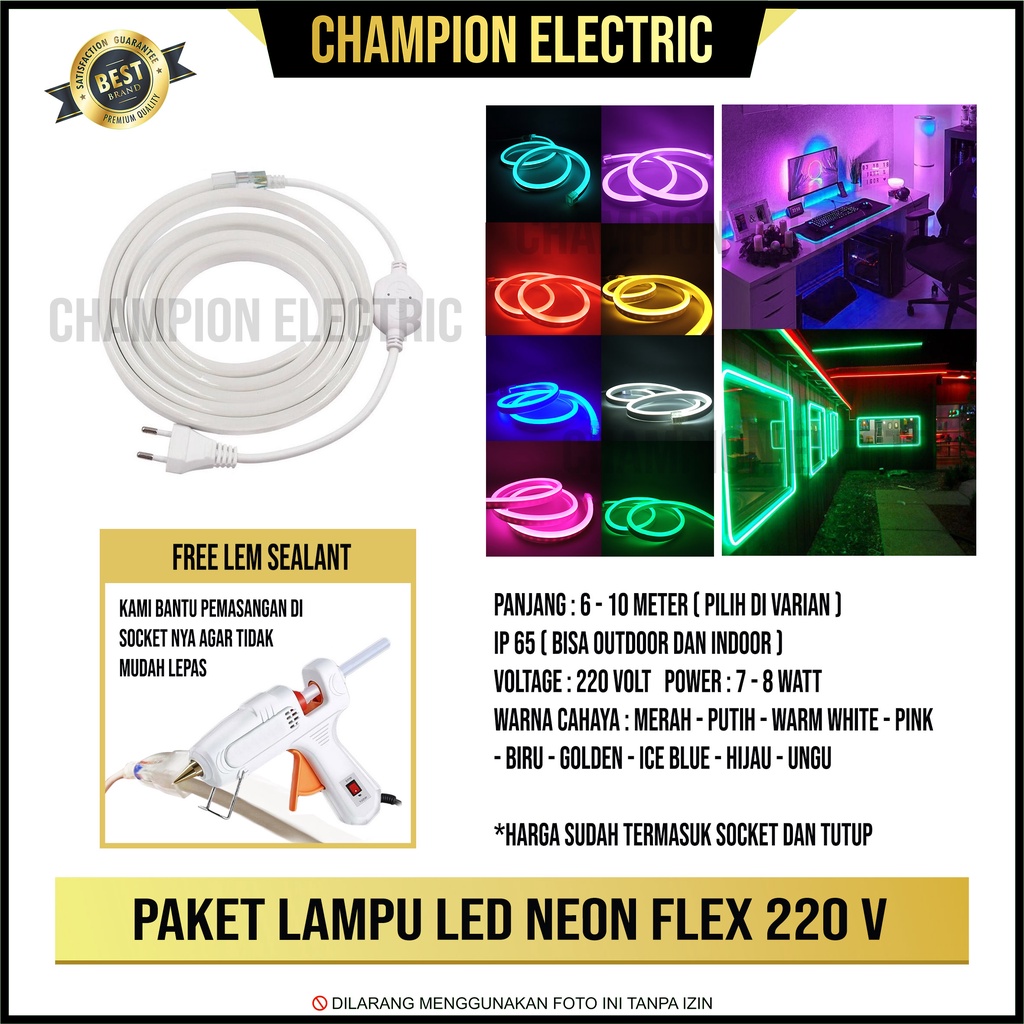 Jual Paket 6 - 10 Meter Lampu Neon Flex Fleksibel LED Strip 220V 220 ...