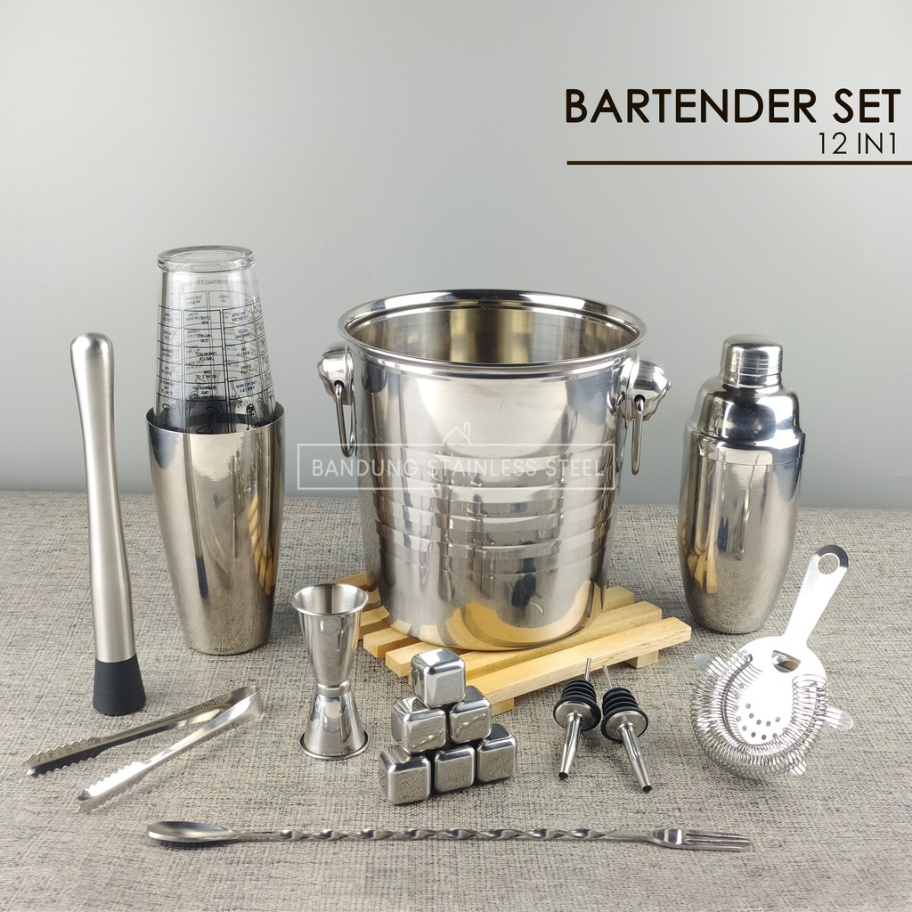 Jual Bartender set 12pcs bar tender mixer cocktail shaker stainless ...