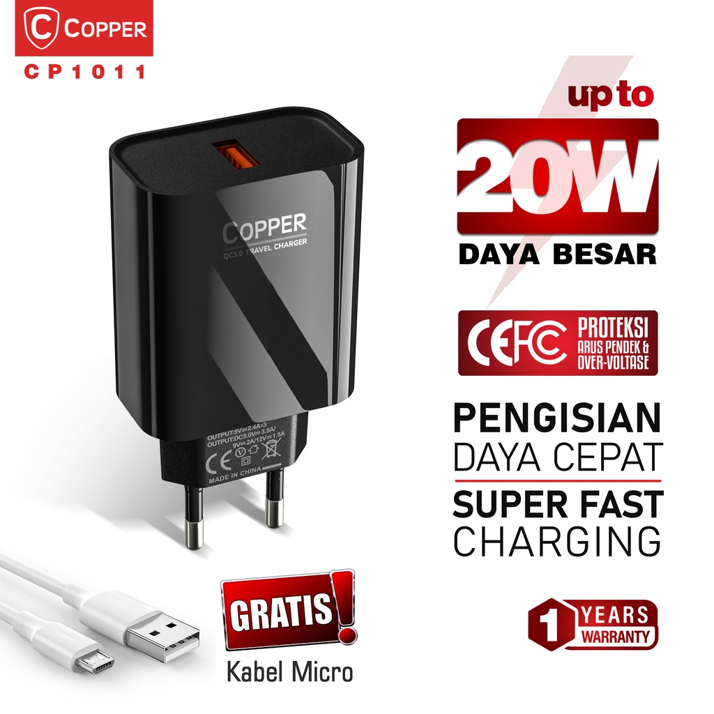 Jual COPPER Charger Single Port 18W up to 20W + QC 3.0 Fast Charging ...