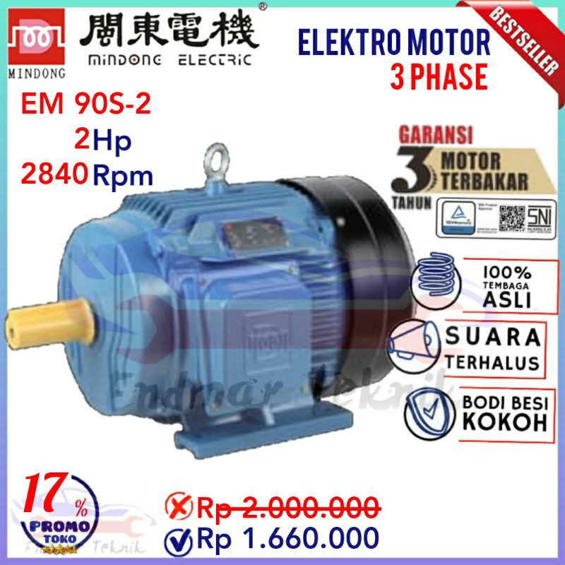 Jual Dinamo elektro motor 3 phase 2 hp 2 pk 2840 Rpm Mindong EM 90S-2 | Shopee Indonesia