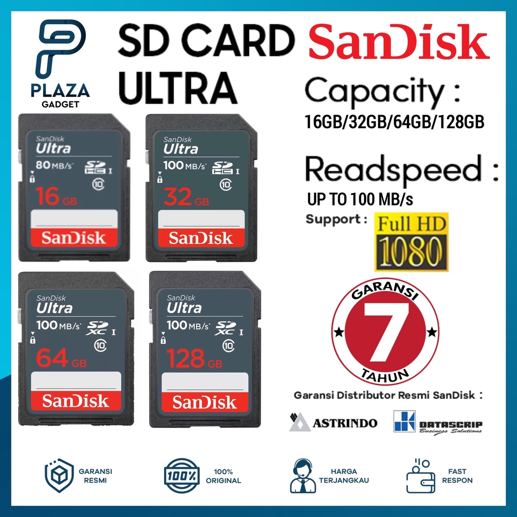 Jual Memory Camera SD Card SanDisk Ultra 16GB 32GB 64GB 128GB Class 10 100MBPS Original Garansi ...