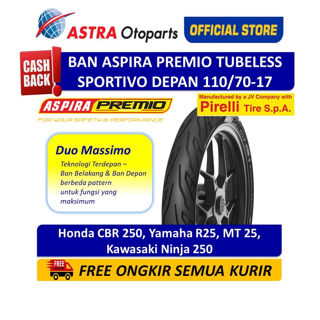 Jual Ban Depan Aspira Premio Sportivo Tubeless 110/70-17 untuk Honda CBR 250, Yamaha R25, MT 25 ...