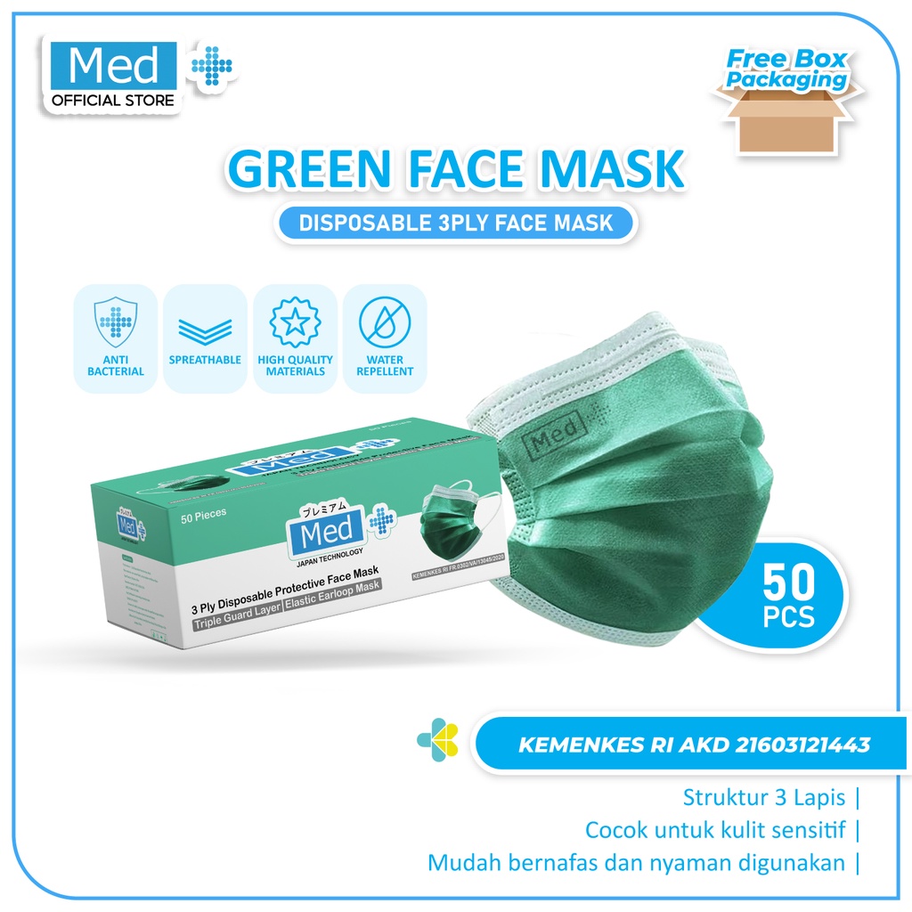 Jual Med+ Masker 3Ply Hijau/Biru/Putih/Hitam/Pink 50 Pcs / Masker 3Ply ...