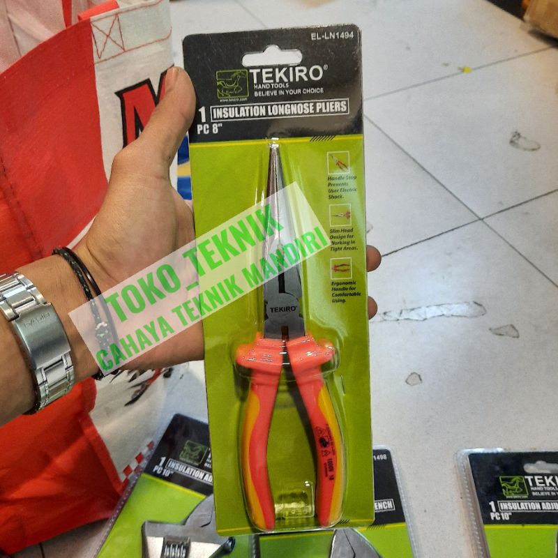 Jual TEKIRO EL-LN1494 tang lancip listrik / elektrik ukuran 8" inch insulation long nose pliers ...