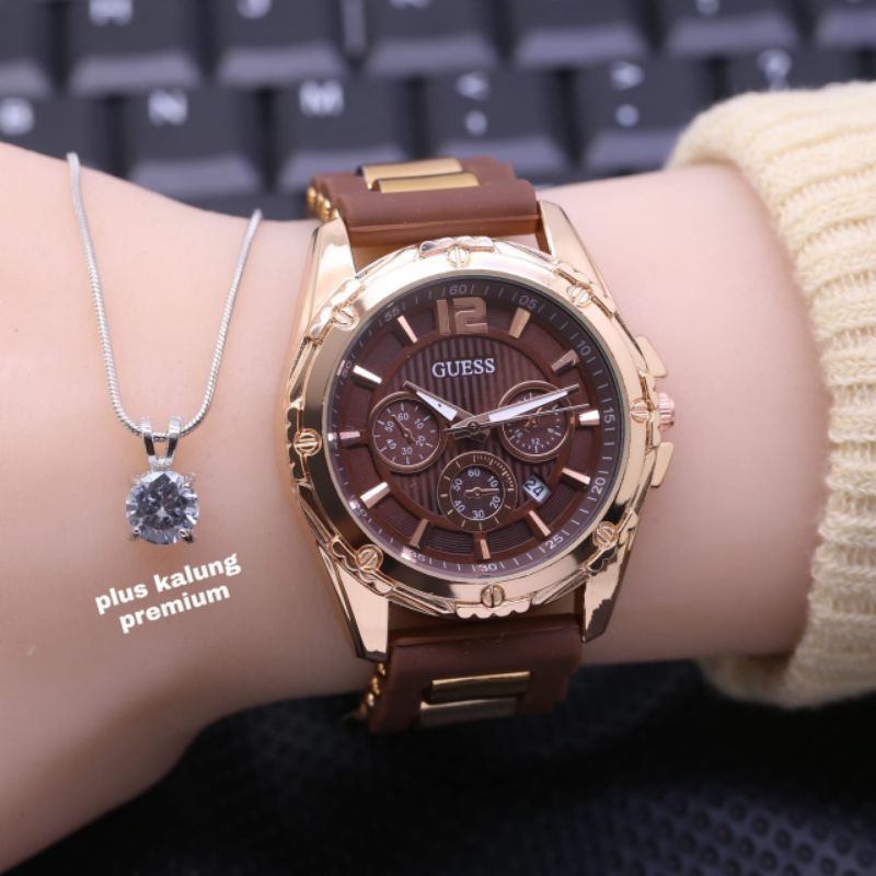 Jual free kalung || jam tangan wanita Guess roll LS-805OA rubber chrono ...