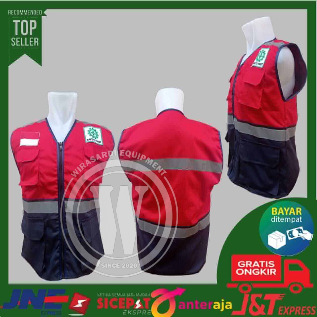 Jual Rompi Safety Merah Vest Kerja Lapangan Bahan Drill Logo K3 Dan ...