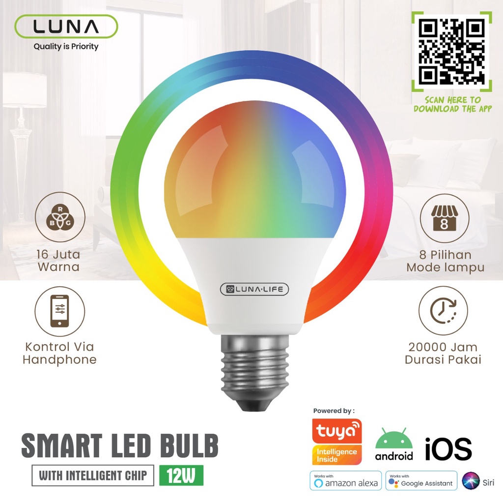 Jual LUNALIFE Smart Lamp 9 Watt LIGHT BULB RGBWW Wifi Wireless IoT ...