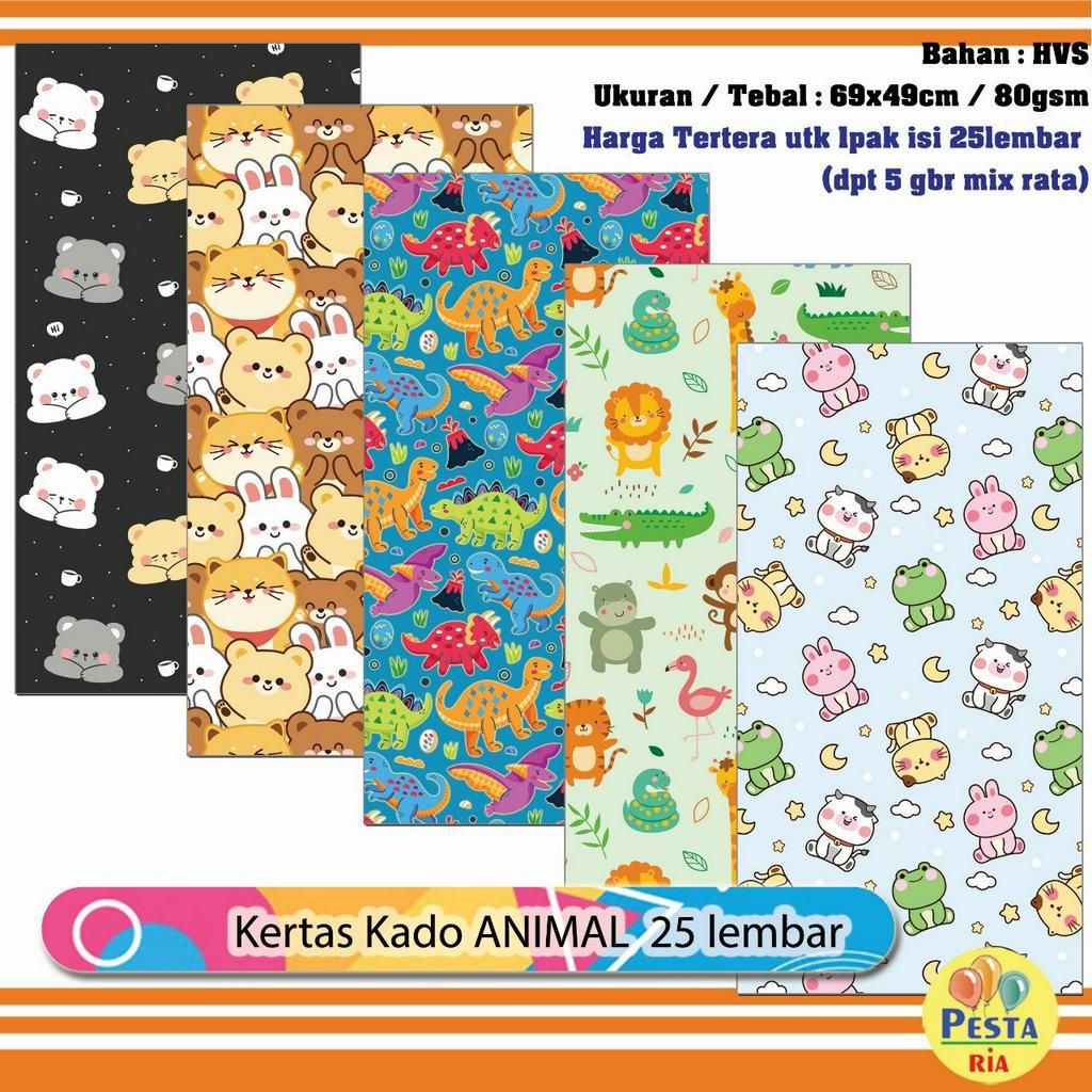 Jual Murah!! (1Set 25lmbr) Kertas kado motif ANIMAL CUTE B, kertas kado ...