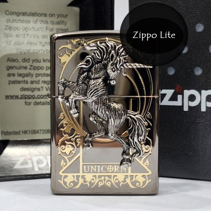 Jual jual Zippo Original Unicorn Horse Black and Gold 3D Emblem 2 sisi Japan | Shopee Indonesia