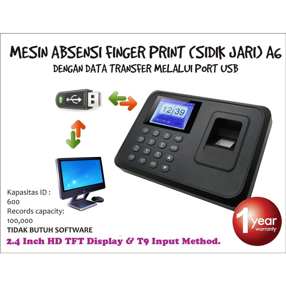 Jual Finger Print machine A6 Biometric Time Attendance Mesin Absensi ...