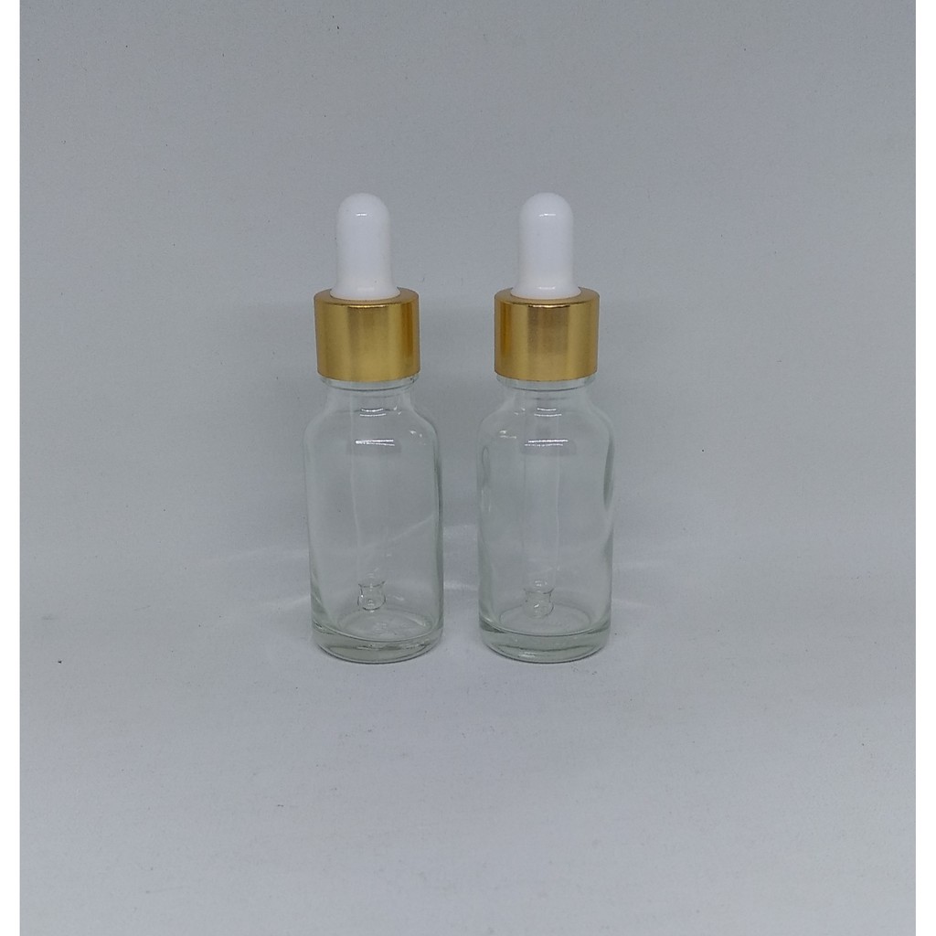 Jual BOTOL SERUM KACA TRANSPARANT 20 ML + ALLUMUNIUM PIPET RING GOLD ...
