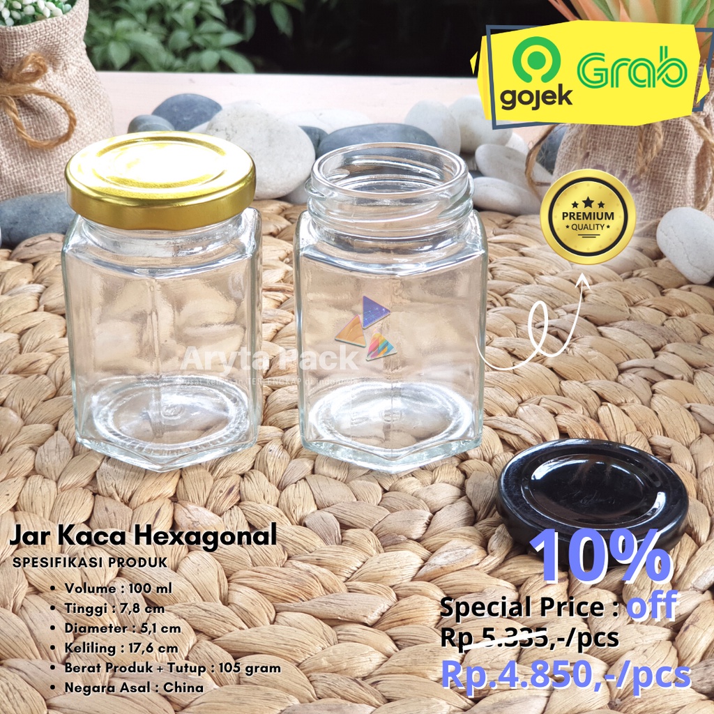 Jual Jar kaca 100ml hexagonal glass jar toples madu tutup kaleng emas ...